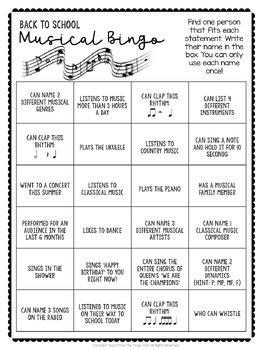 Musical Bingo Card - Back To School - Teach From The Stage