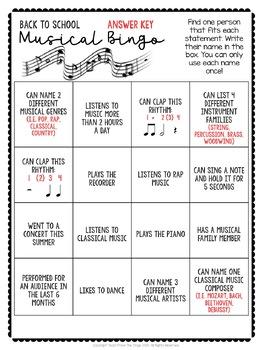 Musical Bingo Card - Back To School - Teach From The Stage