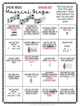 Musical Bingo Card - Spring Break - Teach From The Stage