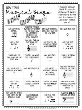 Musical Bingo Card - New Years - Teach From The Stage